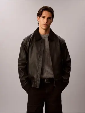 Calvin Klein Faux Leather Sherpa Bomber Jacket - Black