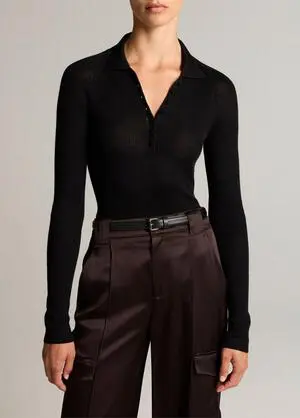 Vince Ribbed Italian Wool-silk Polo Sweater - Black