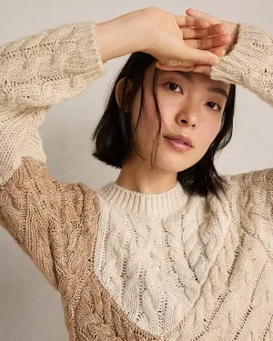 HAVEN WELL WITHIN Cotton Blend Patchwork Cableknit Sweater