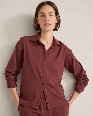 HAVEN WELL WITHIN Organic Cotton Rib Knit Front Button Shirt - Garnet