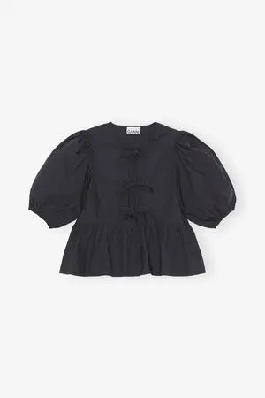 GANNI Cotton Poplin Peplum Tie Blouse - Black