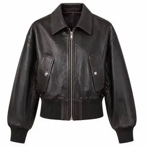 FRONT ROW SHOP Leather Bomber Jacket - Brown