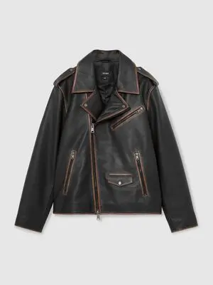 REISS Winnen Leather Burnished-detail Biker Jacket