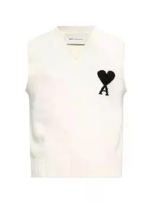 AMI Paris White Sleeveless Wool Sweater With De Coeur - Neutrals
