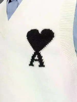 AMI Paris White Sleeveless Wool Sweater With De Coeur