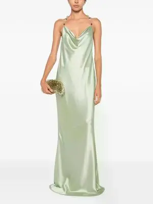 Retrofete Beaded Halterneck Satin Maxi Dress - Green
