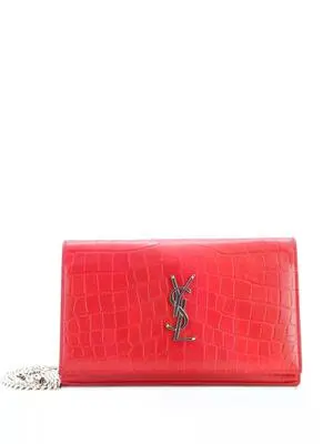 Saint Laurent Classic Monogram Wallet On Chain Crocodile Embossed Leather Small Crossbody Bag - Red