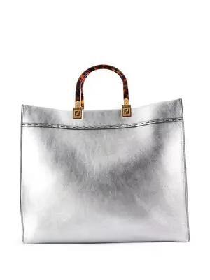 Fendi Sunshine Shopper Leather Medium Tote Bag - Silver