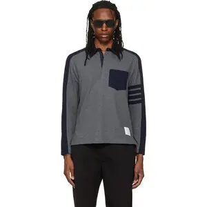 Thom Browne Gray Navy Blue Oversized Colorblock Rugby Polo Shirt - Medium Gray