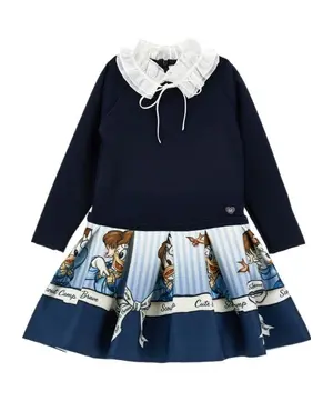 Monnalisa Graphic-print Ruffled-collar Dress - Beige Navy