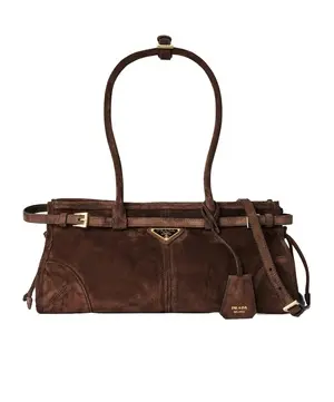 Prada Bonnie Medium Suede Handbag - Black