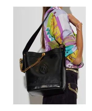 Versace Pivot Small Leather Bucket Bag - Black