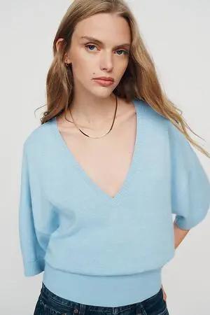 Maeve Cotton Mero Plunge V-neck Sweater - Soft Sea