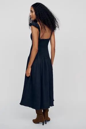 PILCRO 100% Cotton Ruffled Denim Midi Dress