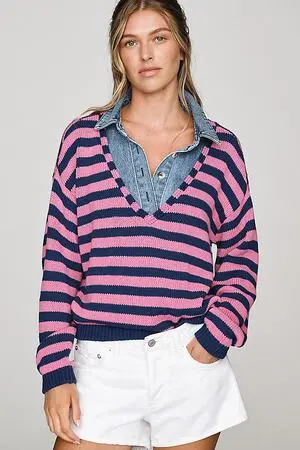 PILCRO Cotton Twofer Collared Sweater - Pink Stripe