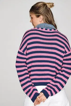 PILCRO Cotton Twofer Collared Sweater - Pink Stripe