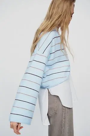 BEL KAZAN Striped Cropped Cardigan - Light Blue