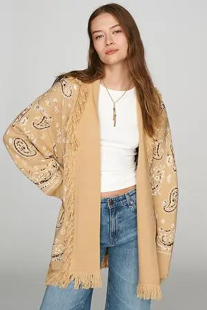 FLAT WHITE Fringe Wrap Cardigan Sweater - Neutral Pattern