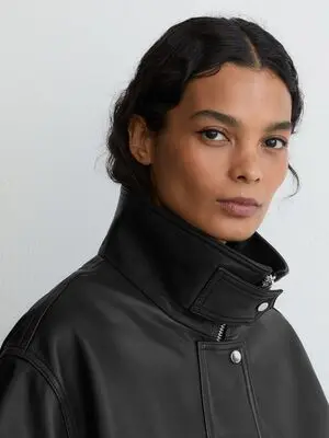 REISS Cara Petite Leather Funnel-neck Bomber Jacket