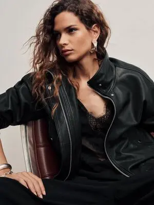 REISS Cara Petite Leather Funnel-Neck Bomber Jacket Black