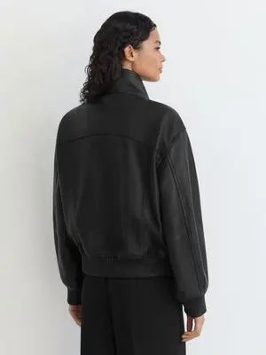 REISS Cara Petite Leather Funnel-neck Bomber Jacket