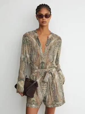 REISS Finnola Paisley-print Tie-waist Playsuit - Grey/neutral