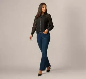 Adrianna Papell Long Sleeve Satin Trim Sheer Lace Blouse - Black