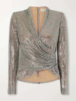 SELF-PORTRAIT Crystal-embellished Gathered Mesh Blouse - Black