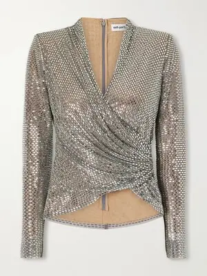 SELF-PORTRAIT Crystal-embellished Gathered Mesh Blouse - Gray