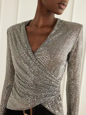SELF-PORTRAIT Crystal-embellished Gathered Mesh Blouse