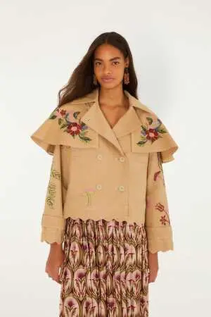 Farm Rio Twill Mini Trench Coat - Beige