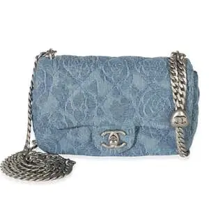 Chanel Quilted Denim Camellia Sweetheart Flap Bag - Blue