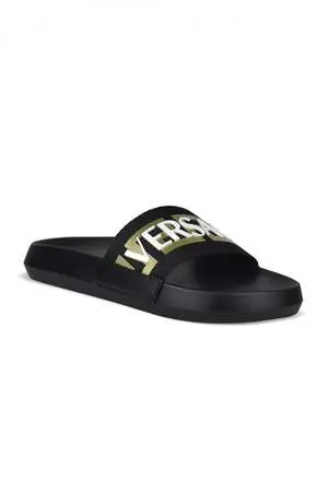 Versace Rubber Slides With Signature Print - Black