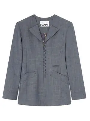 GANNI V-neck Button-front Wool Blend Jacket With Back Slit Pockets