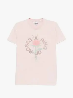 GANNI GANNI Washed Graphic T-Shirt With Logo And Roses Print Rosa