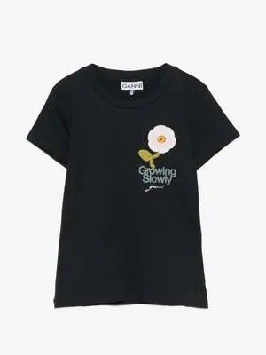 GANNI Embroidered Flower Crew Neck T-shirt - Grigio