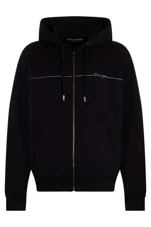 Dolce & Gabbana Hooded Zipper Sweatshirt With Adjustable Hood & Side Pockets - Black