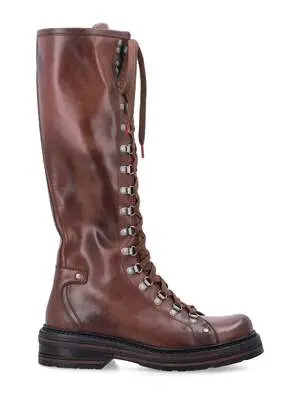 Miu Miu Antiqued Leather Hiking-style Boots With Metal Hooks And Side Zip