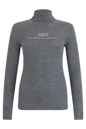 Elisabetta Franchi High-collar Wool Blend Sweater With Fitted Long Sleeves - Grey