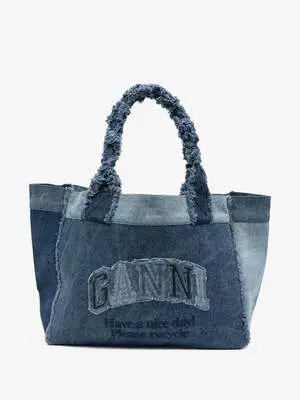 GANNI Denim Patchwork Tote Bag With Front Logo & Internal Zip Pocket - Blu