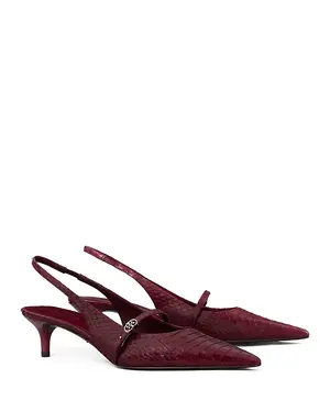 Tory Burch Double T Buckle Snake Embossed Leather Slingback Pumps - Dark Raspberry