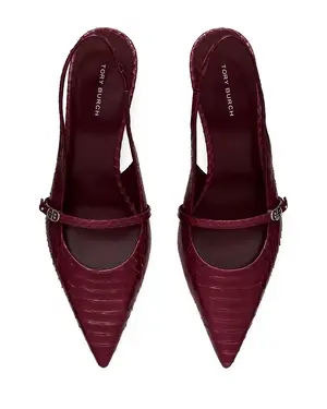 Tory Burch Double T Buckle Snake Embossed Leather Slingback Pumps - Dark Raspberry