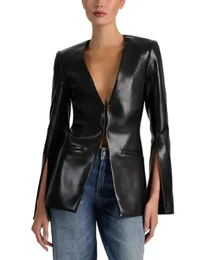 Alice + Olivia Venita Faux Leather Slim Fit Collarless Blazer - Black