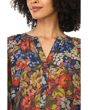 Vince Camuto Floral Print Raglan Sleeve Button Down Blouse - Classic Navy