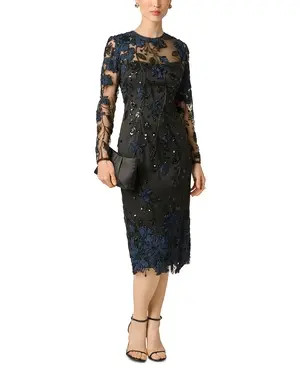 Aidan Mattox 3d Embroidered Long Sleeve Midi Dress