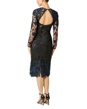 Aidan Mattox 3d Embroidered Long Sleeve Midi Dress