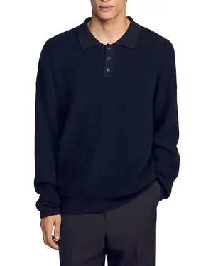 Sandro Ribbed Alpaca Blend Polo Shirt - Black
