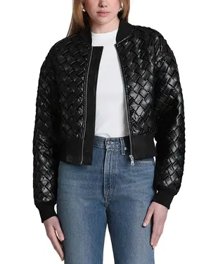 Avec Les Filles Faux Leather Woven Bomber Jacket