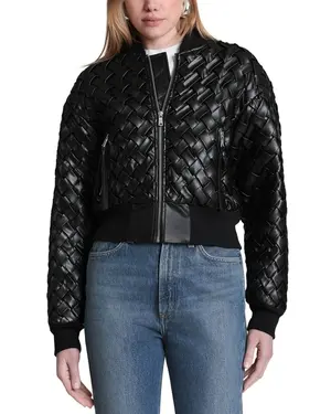 Avec Les Filles Faux Leather Woven Bomber Jacket