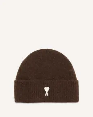 AMI Paris De Coeur Wool Beanie - Brown
